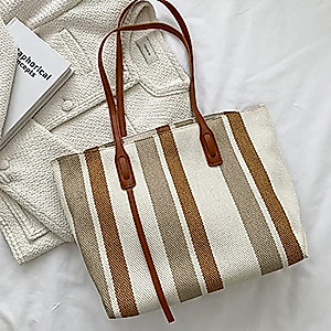 Aeegawoo Striped Tote Bag Aesthetic for Women Canvas Bag with Zipper