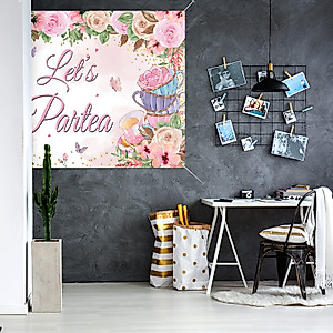 Let's Partea Backdrop Banner Decor Pink - Floral Tea Theme Happy Birthday Party Decorations for Women Girls Supplies