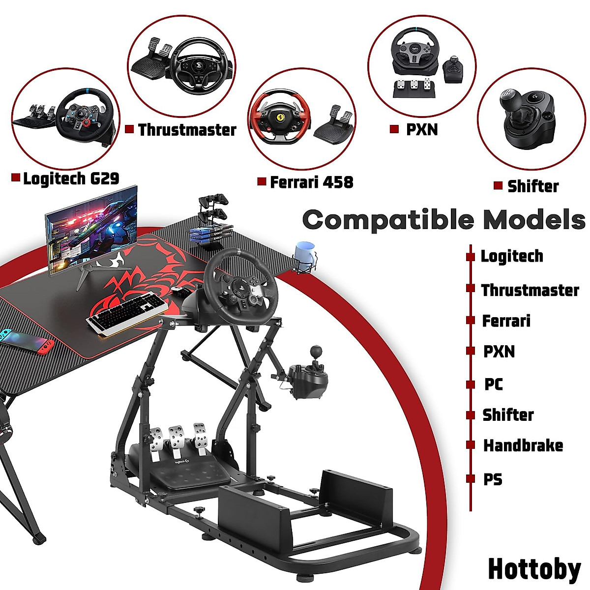 Hottoby Racing Simulator Cockpit Stand Reinforcement Bar Fit for Logitech/Thrustmaster G25 G27 G29 G920 G923 T300RS,Adjustment Sim Bracket,No Steering Wheel,HandBrake,Pedals & Seat