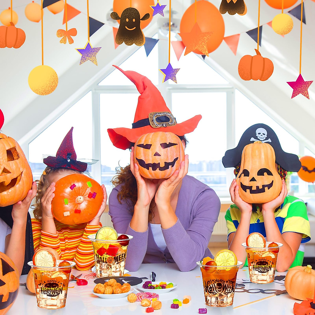 Sliner 60 Pcs 12oz Halloween Cup Happy Halloween Clear Disposable Plastic Cups Bat Ghost Spider Halloween Party Supplies for Cold Drink Beer Ice Cream Beverage Snacks Party Decoration