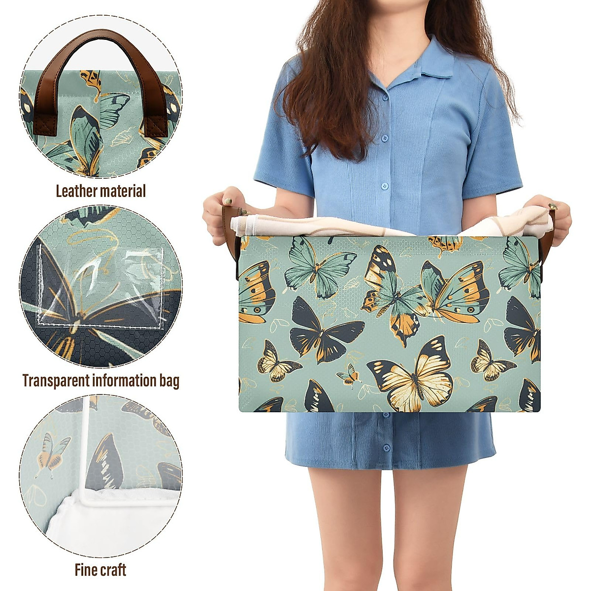 KUEJOP Mint Green Butterflies Rectangle Storage Bin, Decorative Collapsible Organizer Storage Basket with Handles for Home