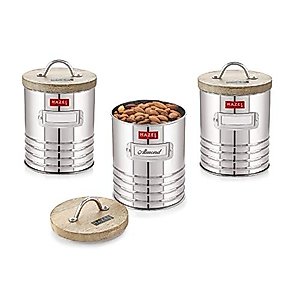 HAZEL Stainless Steel Storage Jar Container With Wood Lid, Set of 3, 1400 ML, Silver