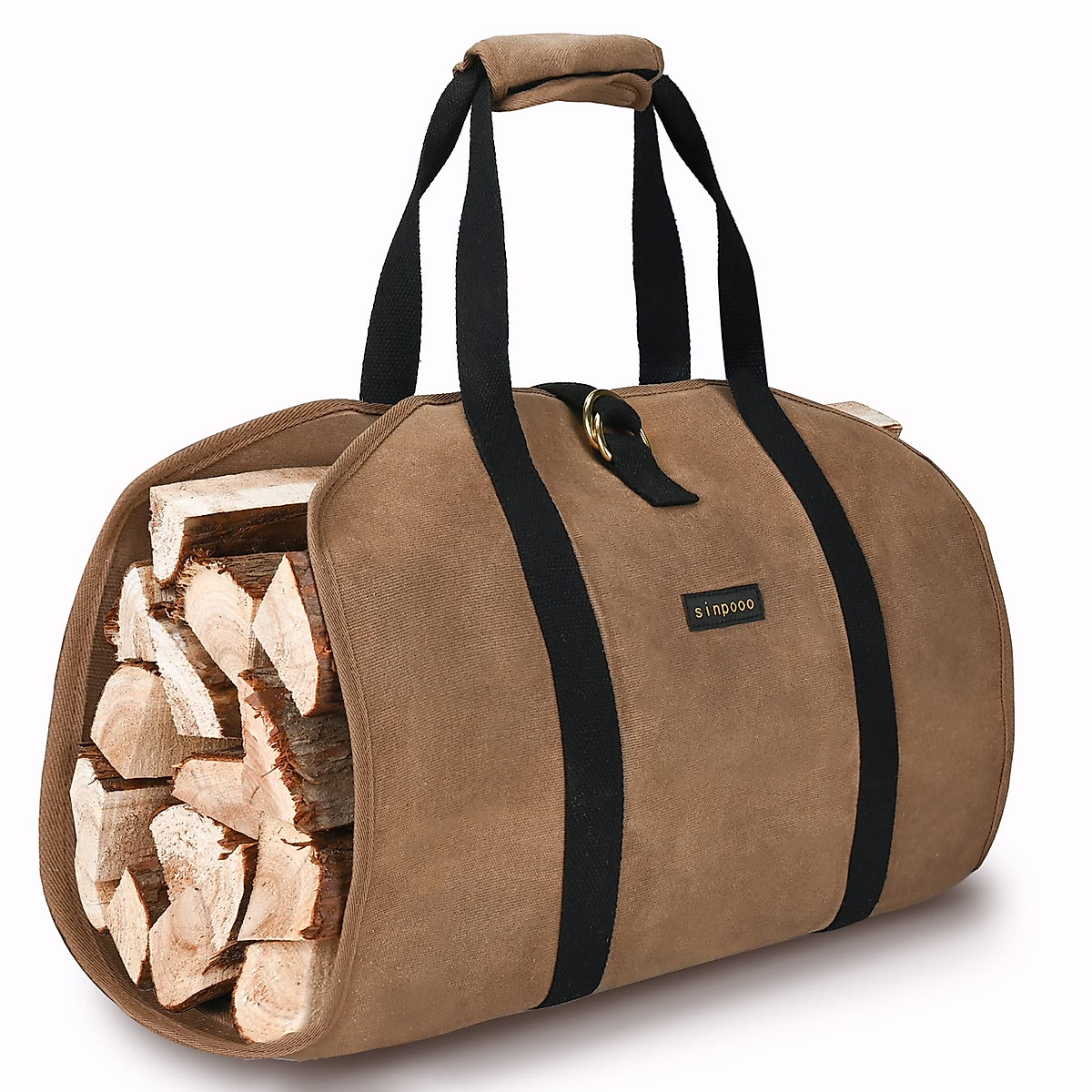 Firewood Carrier,Large Wood Carrying Bag with Handles Fireplace Log Carriers & Holders,Security Strap Camping Wear-Resistant & Dirt-Proof Waxed Canvas Indoor Stand Brown(Double Brass Rings)