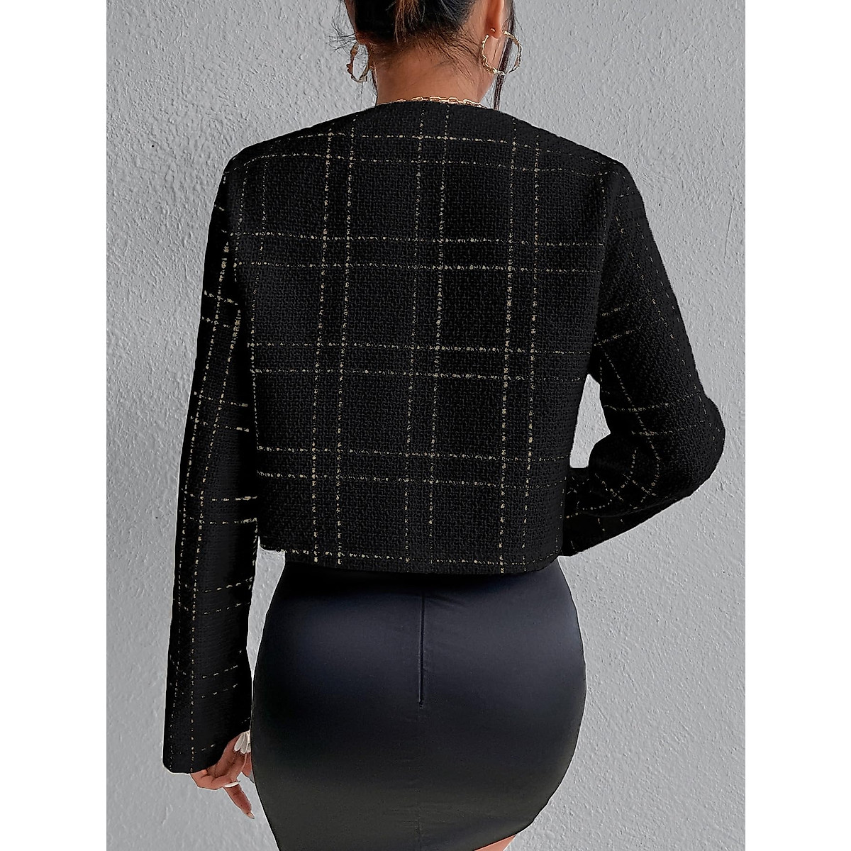 SweatyRocks Women's Plaid Long Sleeve Round Neck Button Down Crop Jacket Single Breasted Short Coat Top Black S
