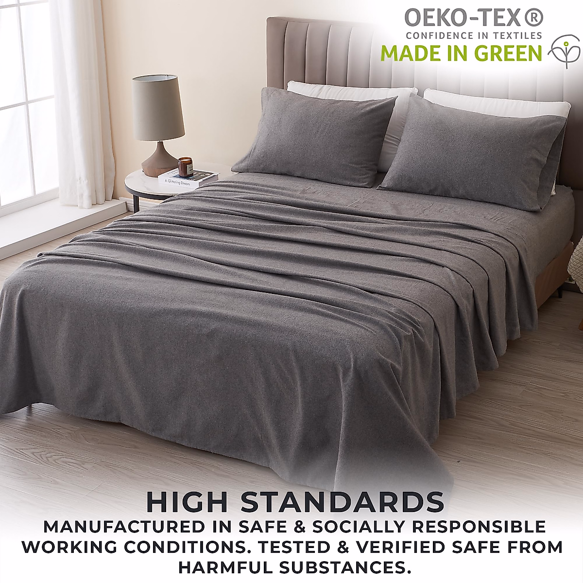 4 Piece Cotton Blend King Grey Flannel Sheet Set | Cotton Bedding Sheets & Pillowcases | Warm, Double Brushed for Softness Bed Sheets (Heathered Dark Grey, King)