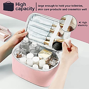 Makeup Bag Portable Travel Cosmetic Bag for Women, Beauty Zipper Makeup Organizer PU Leather Washable Waterproof (Pink)