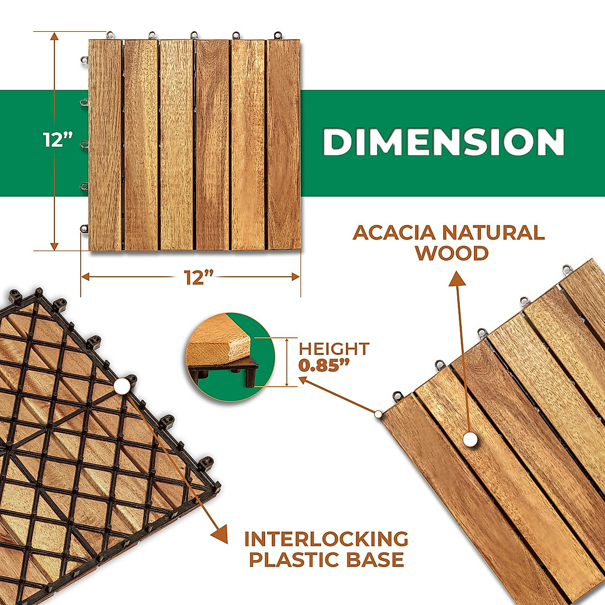 Deck Tile (Pack of 10, 12"x12") Hardwood Deck Tile, Interlocking Patio Tile in Solid Acacia Wooden Oiled Finish Waterproof All Weather Perfect for Indoor Outdoor 6 Slat (Acacia Wood- 10 Pcs, 6 Slat)