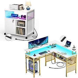Unikito L Shaped Desk with LED Strip and Power Outlets and Rolling Printer Stand with LED Lights File Cabinet, Home Office Desk and Lateral Office Storage Filing Cabinet, White