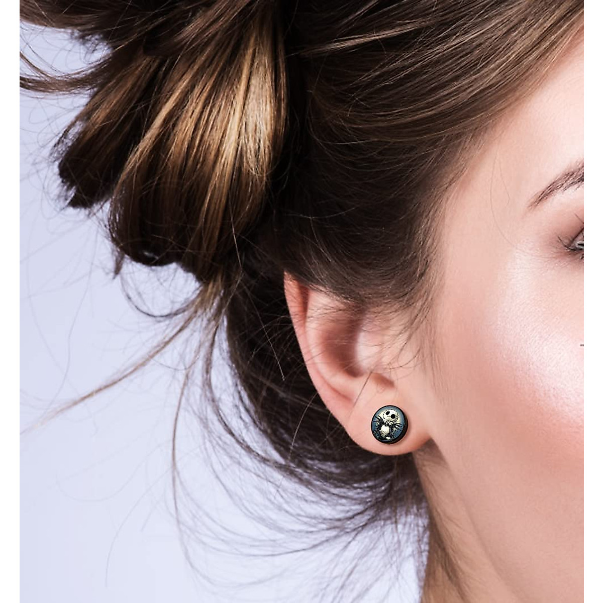 SIISPRI 316L Surgical Stainless Steel Halloween Jack Skellington Round Circle Button Stud Post Earrings 10MM (black-blue)