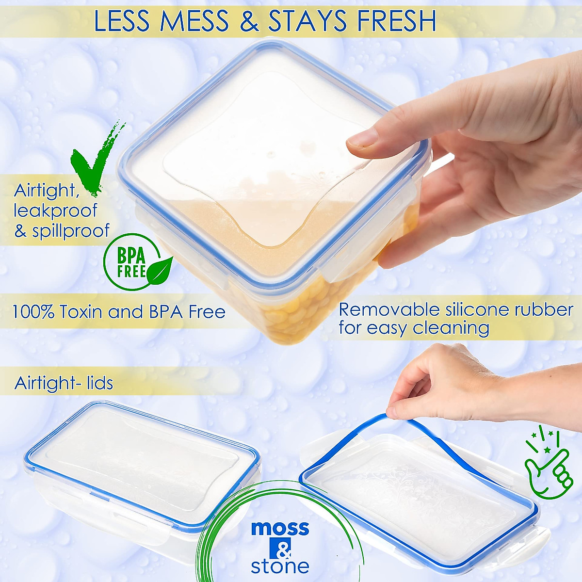 Moss & Stone Air Tight 16 Piece Plastic Food Storage Containers with Lids, Safe Lunch Box Set For DIshwasher and Microwave, Leak Proof Storage Containers For Food- BPA Free