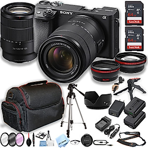 Sony a6400 Mirrorless Camera with18-135mm Zoom Lens + 2pcs 64GB Memory + Case+ Tripod + Steady Grip Pod + Filters + Macro + 2X Lens + 2X Batteries + More (32pc Bundle)