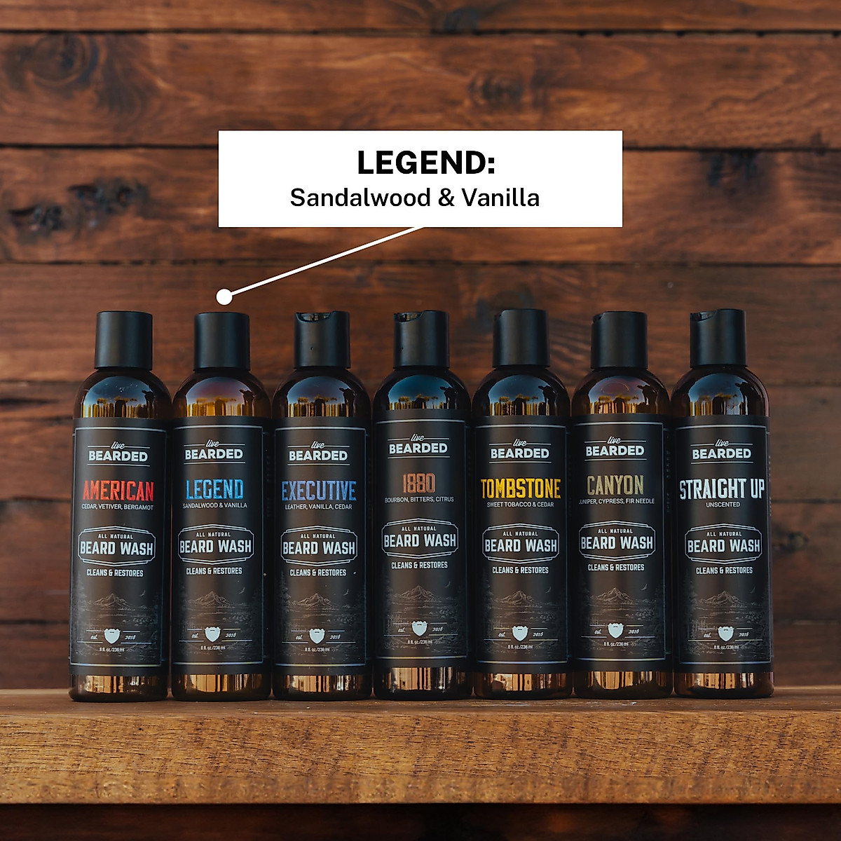 Live Bearded Beard Wash, 8 fl oz - Water-Based Face Cleanser with All-Natural Ingredients for a Gentle, Deep Clean - Made in the USA | Legend Scent - Sandalwood, Vanilla