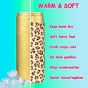 BAGnoREGio Faux Fur Neoprene Beverage Slim Can Insulated, 6-Pack Soft Fuzzy Plush Tall Skinny Cans Sleeves with 1PC Skeleton Key Bottle Opener (Leopard)