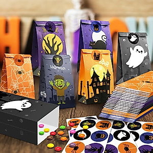 Halloween Treat Bags - 24 PCS Halloween Party Favors,Halloween Goodie Bags with Halloween Stickers for Kids | Halloween Candy Bags - Trick or Treat Bags,Mini Paper Gift Basket- Halloween Decorations Crafts Party Supplies