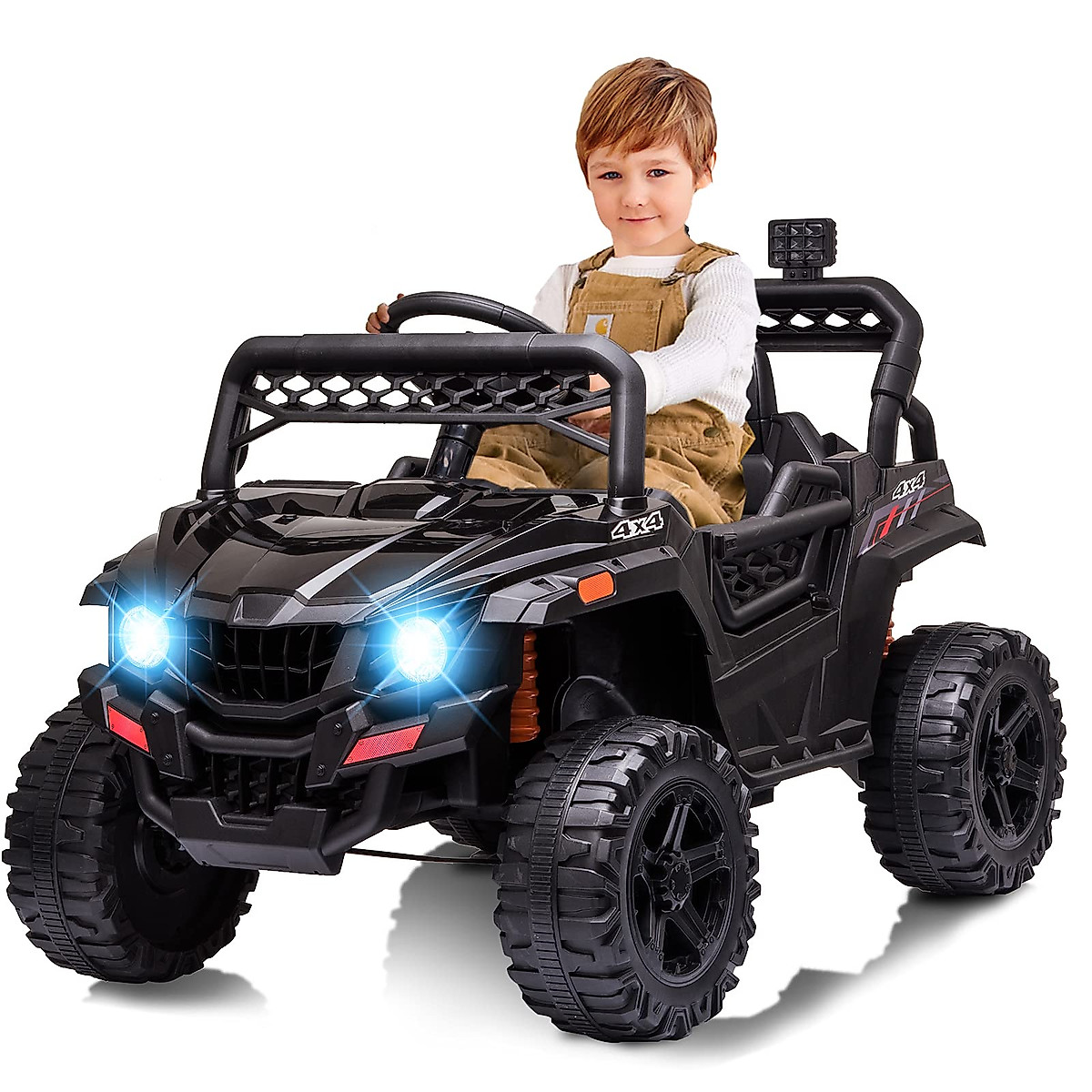 Nasitip 12V Kids Ride On Car Truck w/Parent Remote Control, Spring Suspension, LED Lights, AUX Port, Music (Black, no Tent)