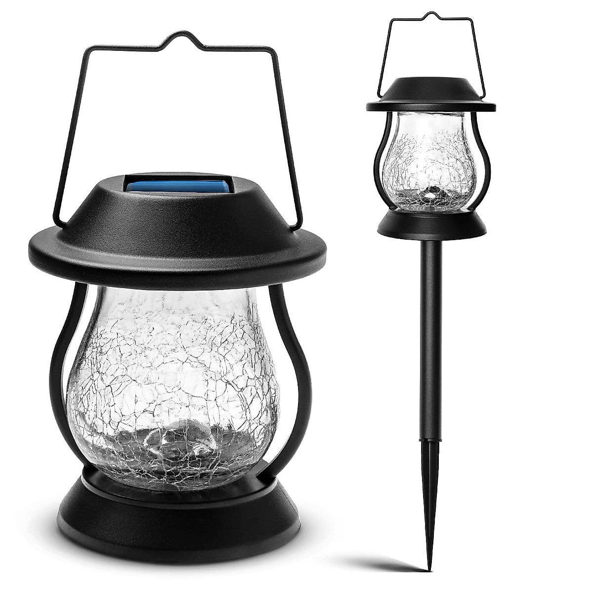 Landia Home Solar Pathway Lantern - Outdoor Decorative 2 in 1 Path Light or Hanging Lantern with Large Crackle Glass Housing, 2-Pack