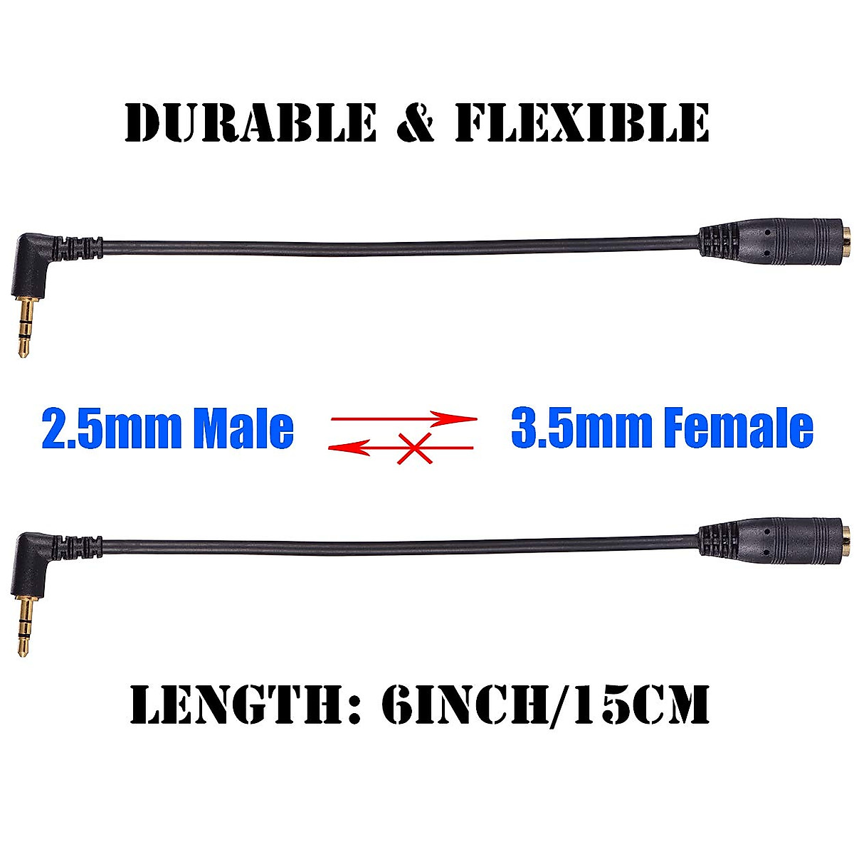 Warmstor 2 Pack Gold Plated 2.5mm Male to 1/8 inch 3.5mm Female Stereo Audio Jack Adapter Cable 90 Degree Right Angle Connector 6 inch Cord for Radios,Headphones,Recorder,Camera