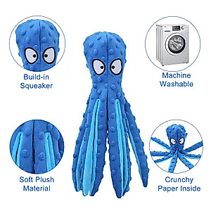 WishLotus Octopus Dog Chew Toy, No Stuffing Plush Dog Squeaky Toy with Crinkle Paper in Legs, Corduroy Interactive Dog Play Toy Dog Teething Toy for Small, Medium Dogs (Blue)
