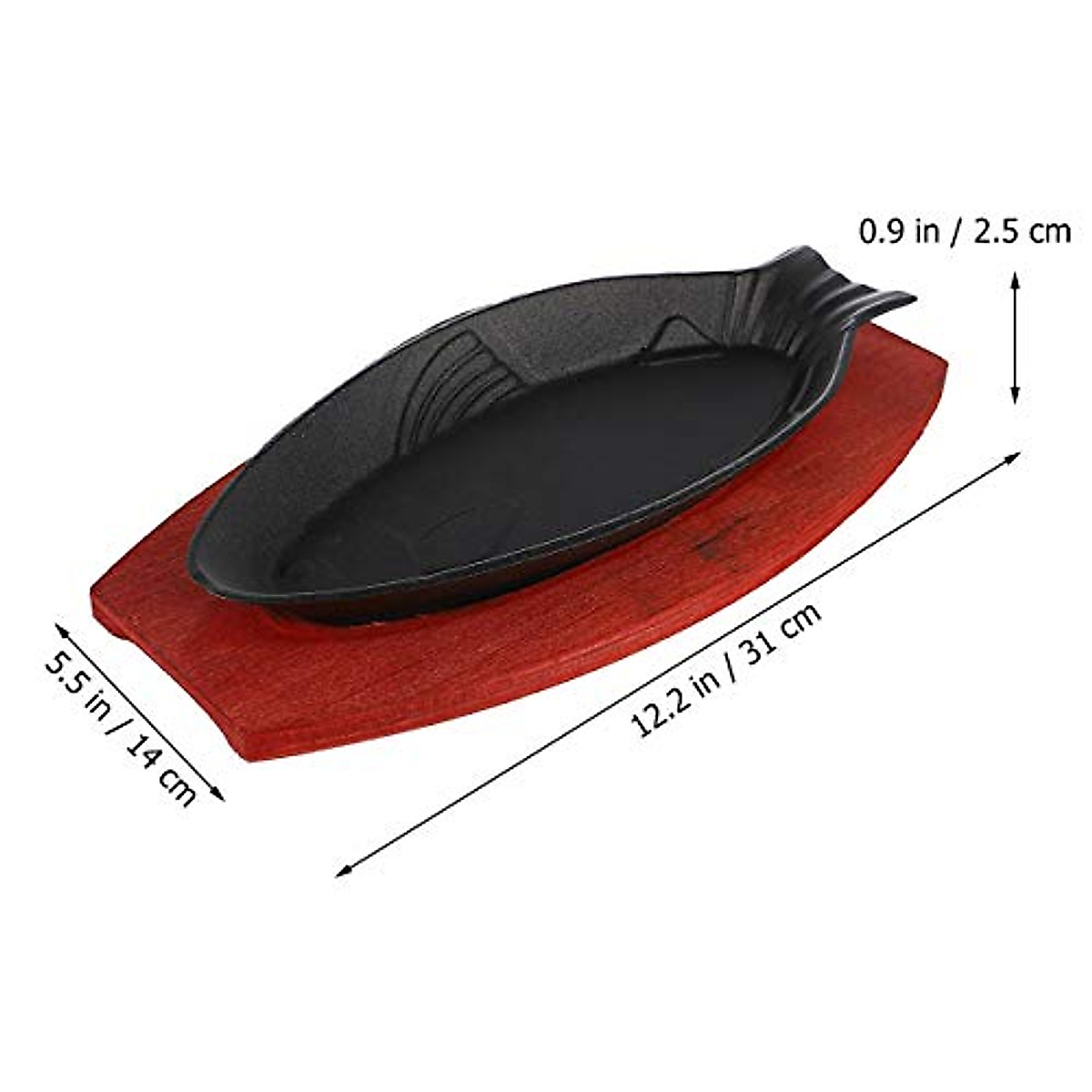 Angoily Small Cast Iron Skillet with Wooden Base, Creative Fish-Shaped Japanese Steak Plate Set for Restaurant Kitchen Cooking Pan Grilling Meats (12.18 X 5.5 X 0.98 inch)