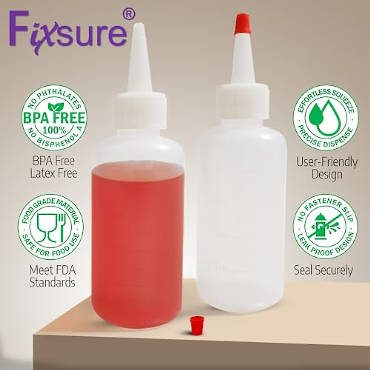 FIXSURE Plastic Squeeze Bottles with Red Tip Cap, 4 Oz Squirt Bottle For Ketchup, BBQ, Sauces, Syrup, Condiments, Oil, Pancake, Cookie Decorating, Dressings, Travel, Camping, Lab, Arts and Crafts (1)