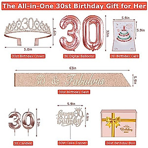 30th Birthday Decorations Women, Include 30th Birthday Sash and Tiara, Birthday Cake Topper and 30 Birthday Candles, 30 Balloons, 3D Birthday Card, 30th Birthday Gifts For Women