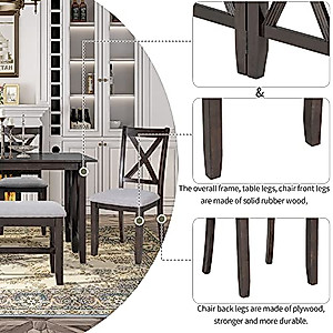 Goohome 6-Piece Kitchen Set, Mid-Century Wooden Foldable Rectangular Dining Table, 4 Upholstered Chairs and Bench Family Furniture, for Home, Apartment, Espresso