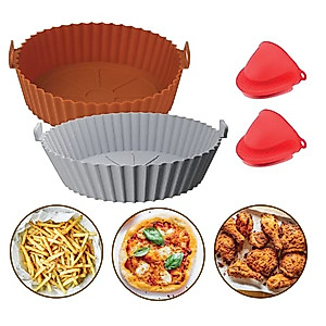 Spark X 2-Pack Silicone Air Fryer Liner 8 inch Reusable Air Fryer Silicone Basket Heat Resistant Easy Cleaning Air fryers Silicone Pot Round for 4 to 8 Qt with Air fryer Mitts (Bronze+Grey)