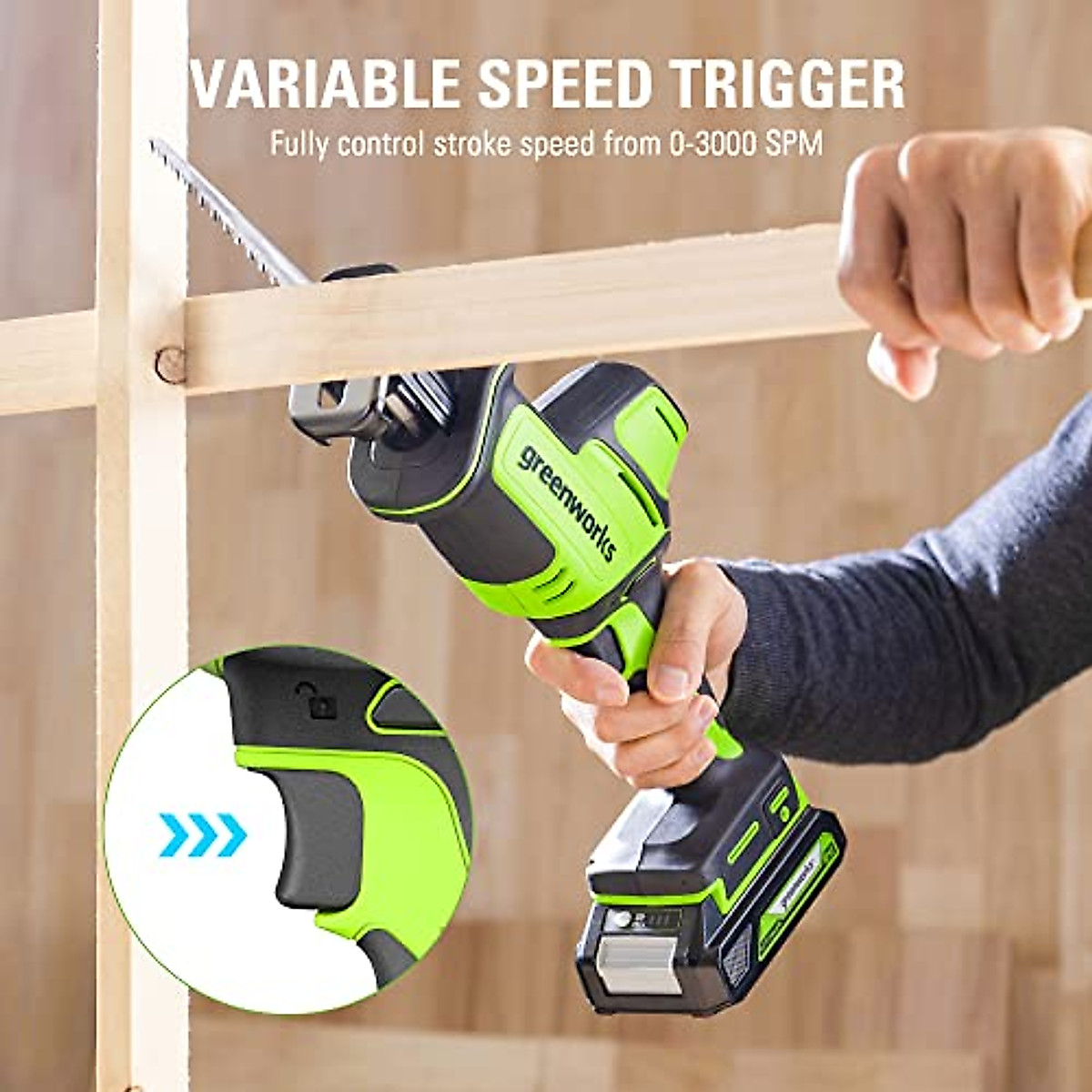 Greenworks 24V Brushless 1" Compact One-Handed Reciprocating Saw (3,000 SPM), Cordless Powered Variable Speed Recip Saw, 2.0Ah Battery and Compact Charger Included,‎ RSG404