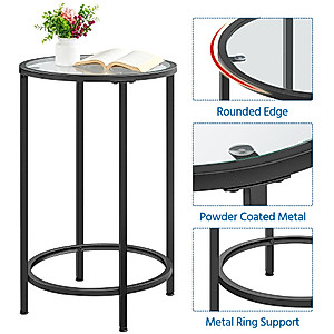 Yaheetech Black Glass End Table Set of 2, Round Side Table Modern Style Tall End Table Accent Table with Glass Top & Metal Frame, 2pcs Glass Side Table for Living Room, Balcony, Bedroom