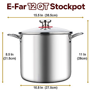 E-far 12 Quart Stock Pot with Lid, Large Stainless Steel Stockpot for Induction Ceramic Gas Stoves, 18/10 Tri-ply Cooking Pot for Soup Stewing Simmering Canning, Heavy Duty & Dishwasher Safe