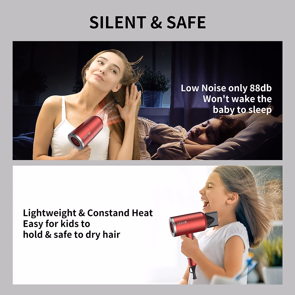 Ionic Hair Dryer, DOOAIR 1875W Blow Dryer with Diffuser and Concentrator, Professional Hair Dryer for Curly Hair, Negative Ion Technology, Constant Temperature Hair Care for Light and Quiet (Red)