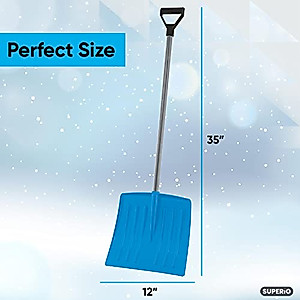 Superio Kids Snow Shovel Plastic Heavy Duty Snow Shovel for Snow Removal, Small Kids Shovel Snow Fun, Sturdy Wooden Handle, 35" Height, 12" Blade (2, Blue)