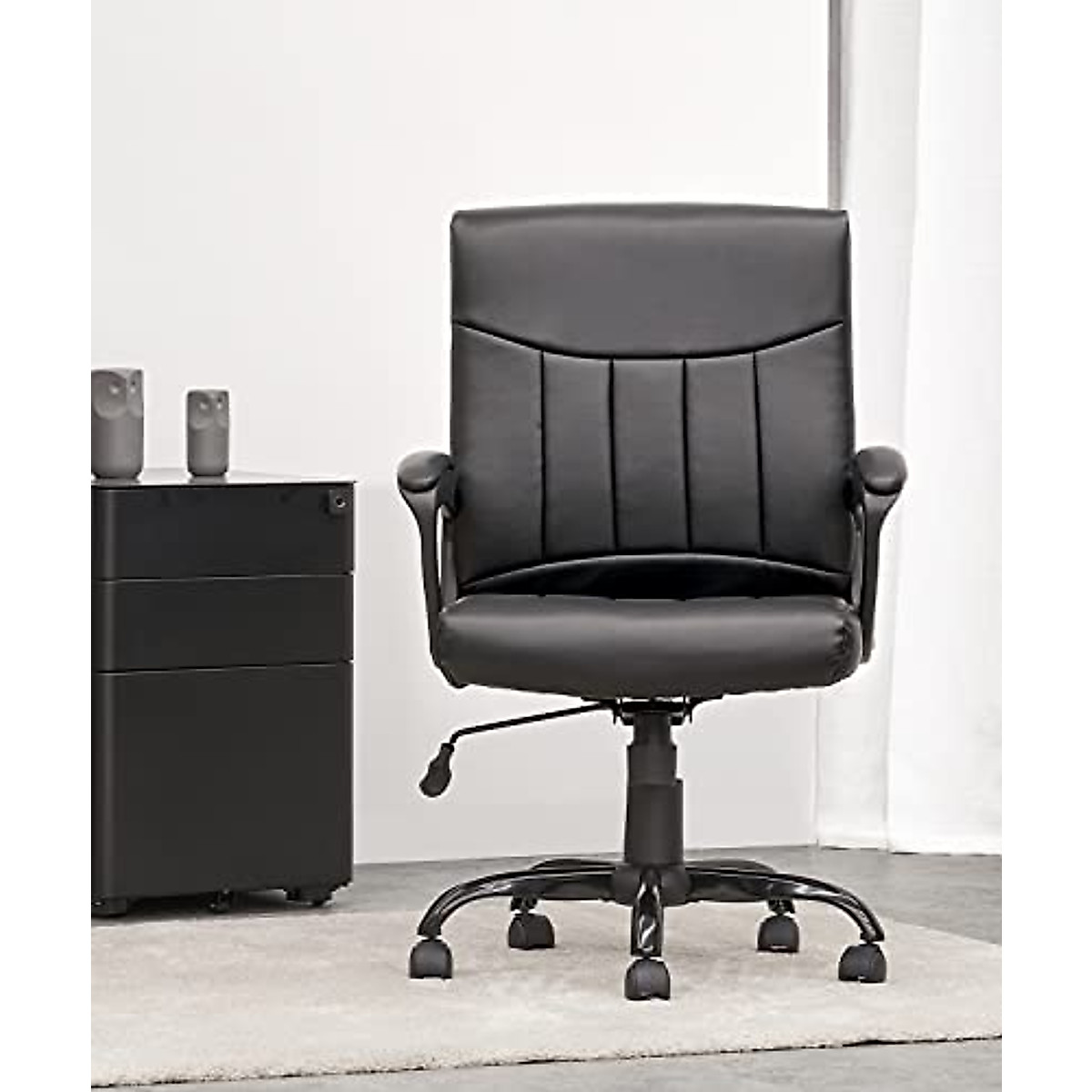 CLATINA Leather Office Executive Chair, Mid Back Computer Desk Chair with Lumbar Support and Padded Armrests, Ergonomic Adjustable Swivel Chair for Home, Black