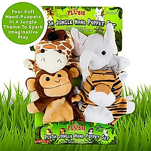 Hand Puppets for Kids, Set of 4 Plush Safari Animals Hand Puppet Toys for Boys and Girls, A Giraffe, Elephant, Tiger, Monkey, Perfect for Storytelling, Teaching, Preschool, Role-Play