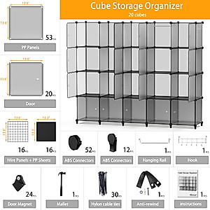 HOMIDEC Cube Storage Organizer, Heavy Duty Portable Closet Wardrobe with Door, 58in Large Closet Organizers and Storage with Hanging Rod for Clothes Yarns Toys Books Tools(20 cube grey)