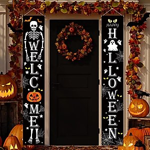 AIBIIN Halloween Porch Banner Sign Decorations Welcome Skeleton Front Door Decorative Hanging Halloween Banner Black Ghost Halloween Porch Decorations Outdoor for Home Office Holiday 70.8x11.8 inch