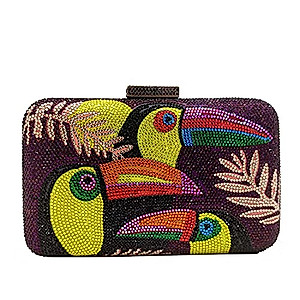 Boutique De FGG Toucan Bird Purple Crystal Clutch Purses for Women Evening Handbags Party Rhinestone Clutch Bag, Small