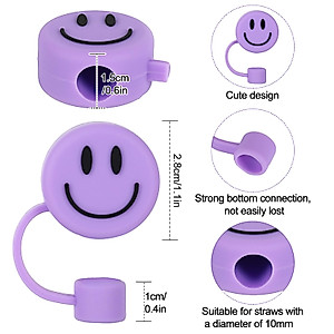 Whaline 4Pcs Smile Face Straw Covers Silicone Reusable Straw Topper Double Sided Pattern Straw Tip Covers 10mm 0.4 Inch for 30 & 40 OZ Tumbler with Handle（Pink,Purple,Mint Green,Cream Color）