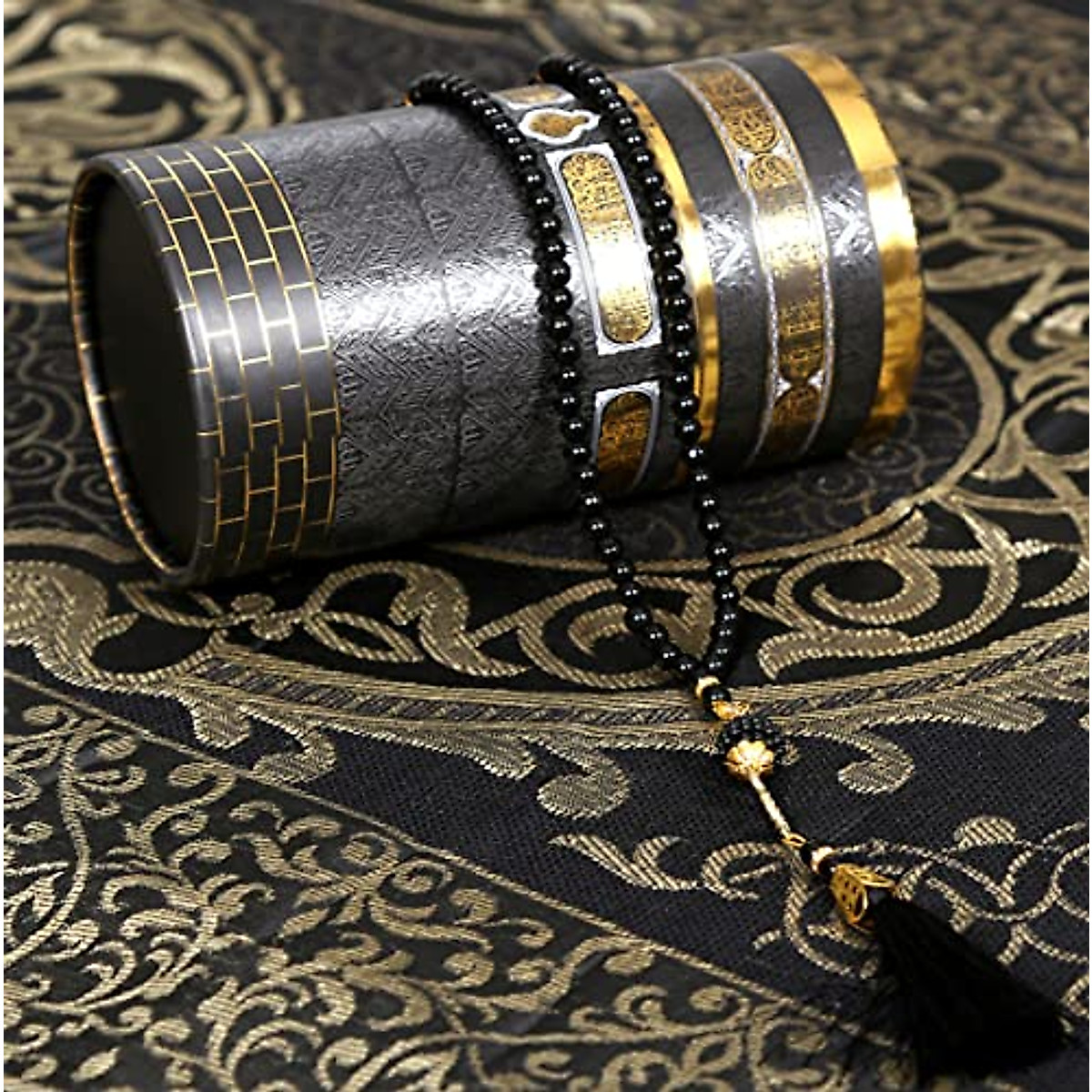 Kapobia Muslim Prayer Rug Islam and Beads, Kaabe Design Box Eid Ramadan Gifts Islamic Set Carnal Salah Mat Taffeta Fabric Black Soft Prayer Mats Men and Women