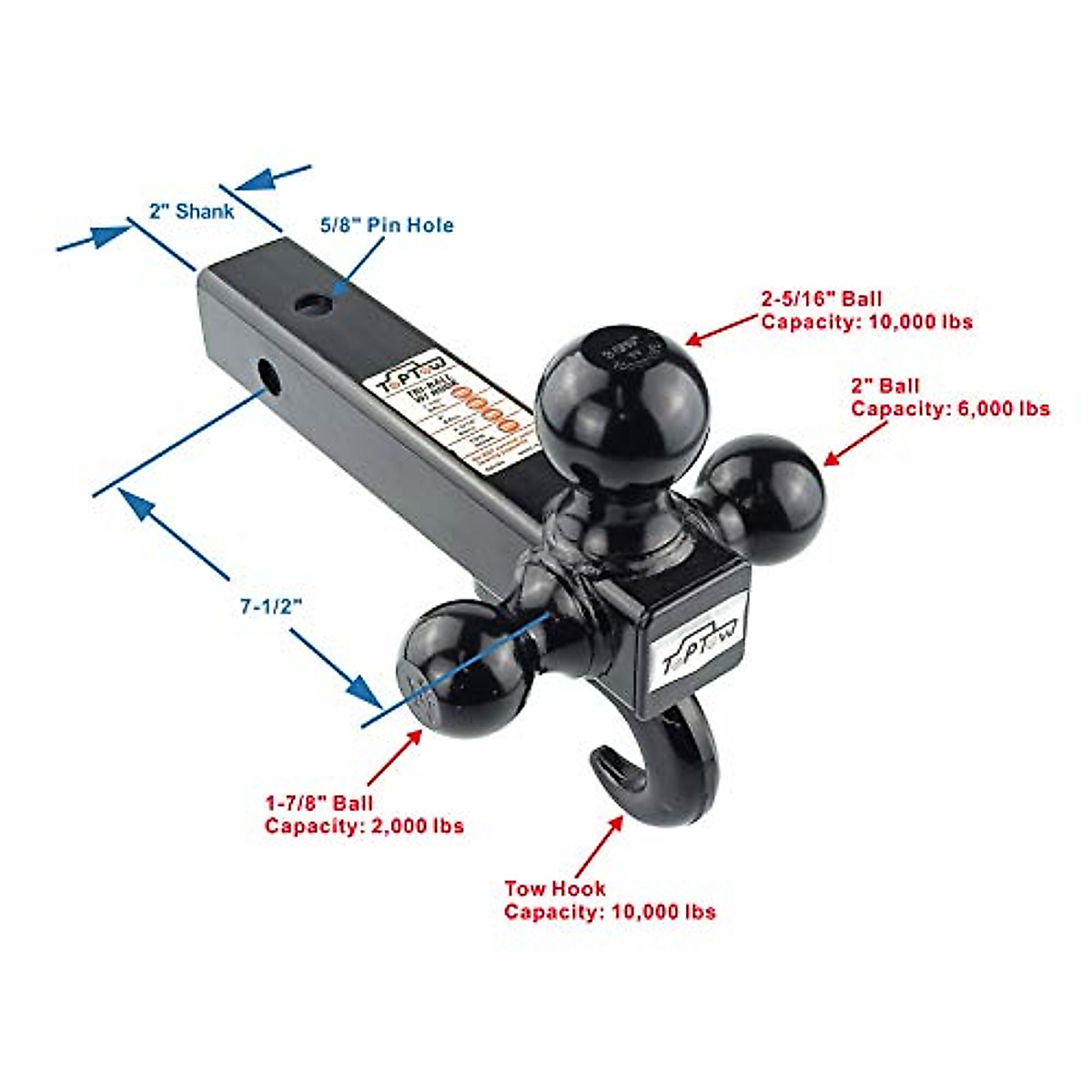 TOPTOW 64181 Trailer Receiver Hitch Tri Ball Mount with Hook Black Balls Fits for 2 inch Receiver