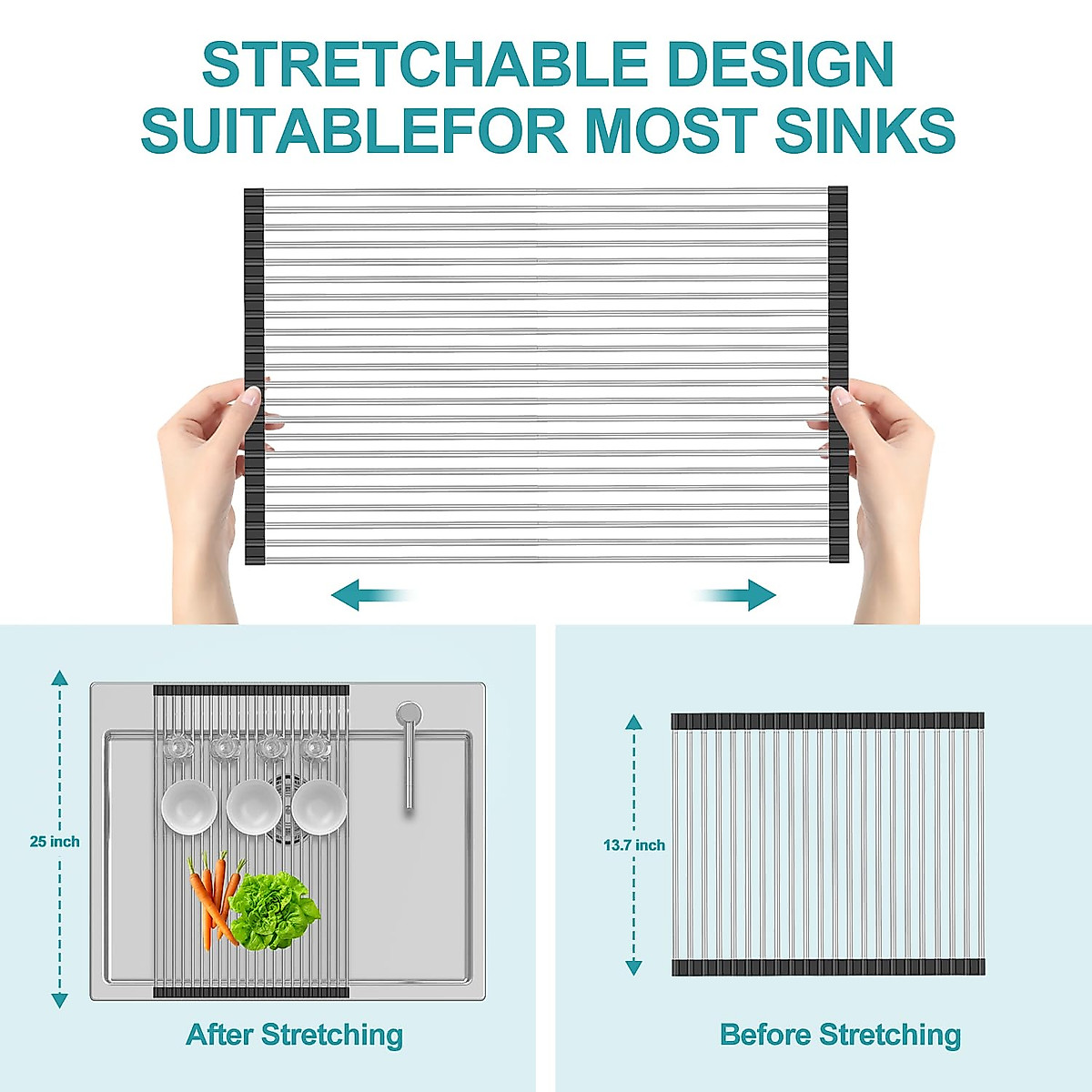 BBXTYLY Extra Large Expandable Roll Up Dish Drying Rack,Over The Sink Drying Rack Sink Cover Kitchen Sink Accessories Kitchen Rolling up Stainless Steel Drainer, Foldable,Rollable（Black，25.1''-17.3''）