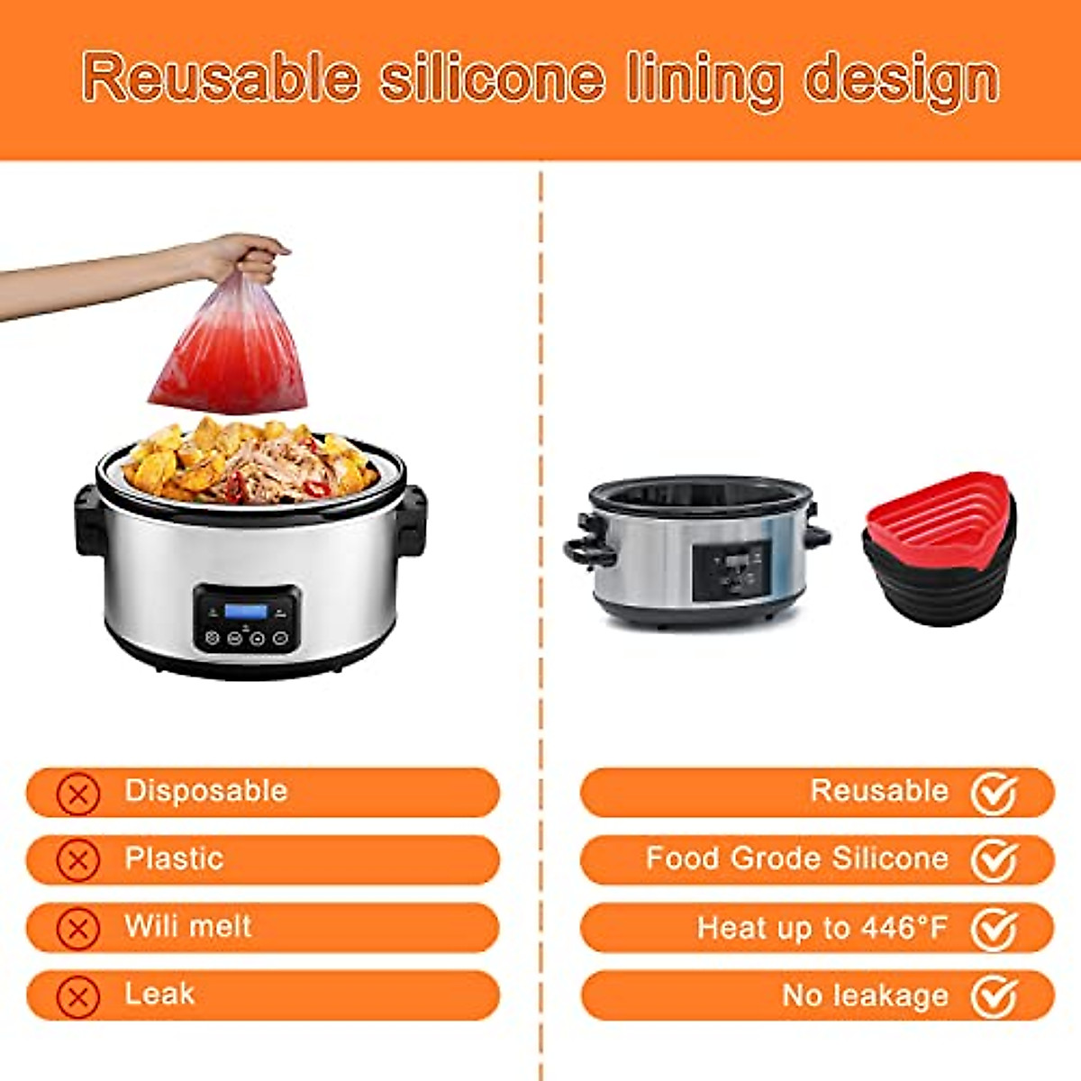 KSUYICA Crock Pot Divider Insert Silicone, Slow Cooker Dividers Silicone Liners Fit 6-8 Qt Crockpots, Reusable BPA Free Leakproof crock pot liner Accessories Cooking Liner for Most Slow Cooker