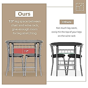 VINGLI 3 Piece Dining Set,Small Kitchen Table Set for 2,Breakfast Table Set,Kitchen Wooden Table and 2 Chairs for Small Space/Dining Room/Apartment,Metal Frame,Wine Rack,Sliver&Black