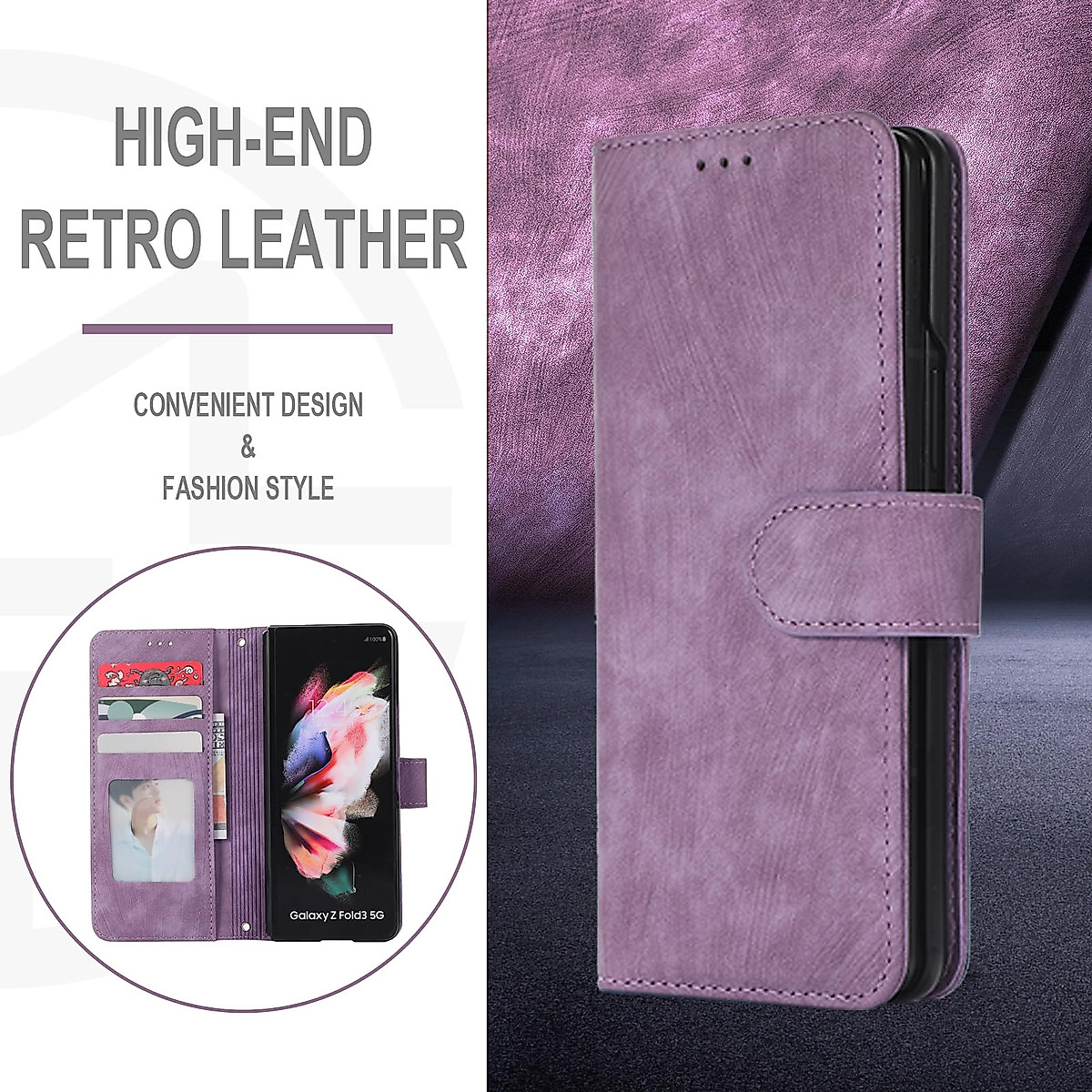 Simicoo Samsung Z Fold 5 PU Leather Flip Wallet Case with 2 Card Slots Pencil Holder Samsung Z Fold 5 Case with Folding Kickstand Strong Magnetic Full Cover Wallet Case (Purple)