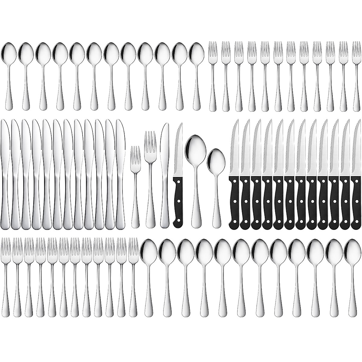 AIKWI 72-Piece Silverware Set with Steak Knives Service for 12, Stainless Steel Cutlery Flatware Set, Mirror Polished Tableware Utensils Set for Home Party Hotel Kitchen, Dishwasher Safe