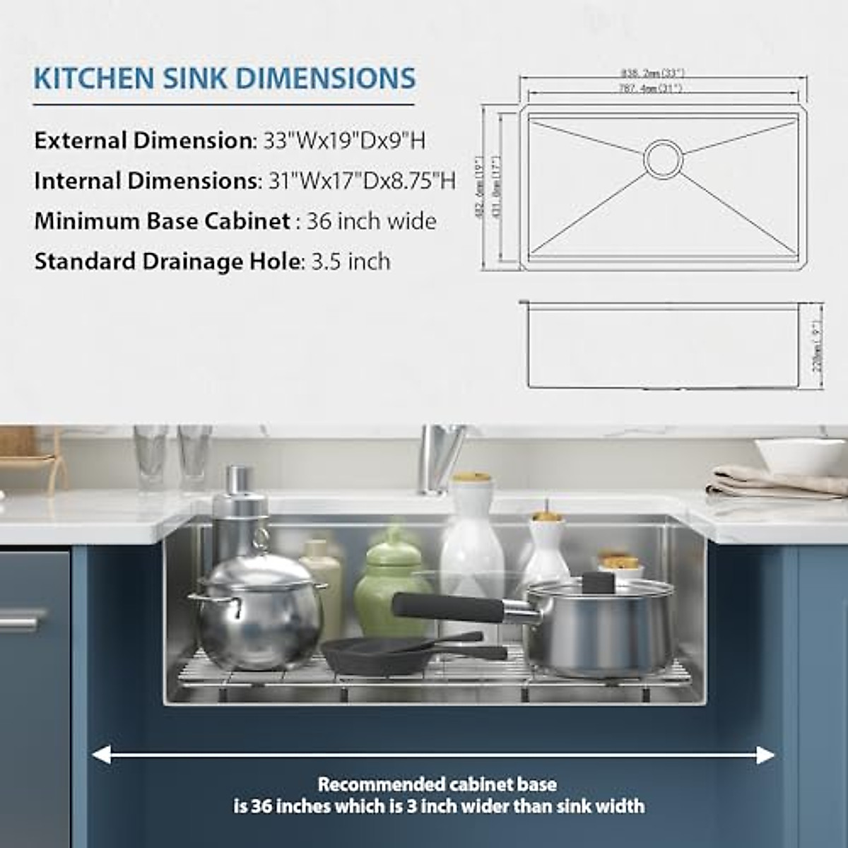 33 Kitchen Sink Undermount - GhomeG 33x19 Inch Undermount Kitchen Sinks Stainless Steel Kitchen Sinks Ledge Workstation Single Bowl 16 Gauge Under Counter Kitchen Sink Basin Round Corners