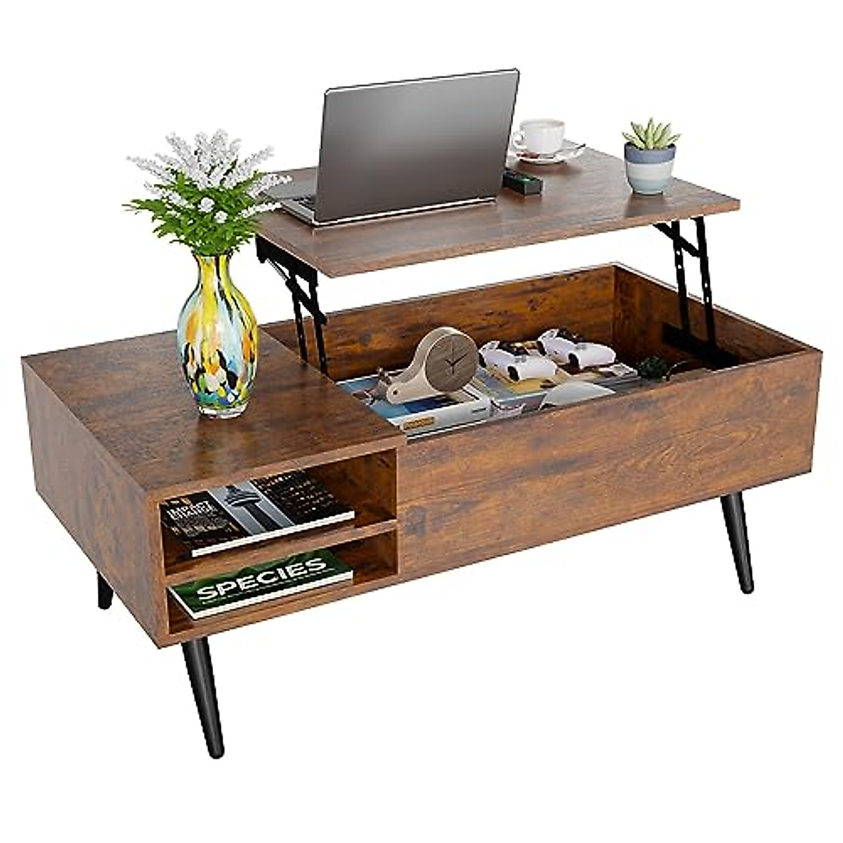 PayLessHere Lift Top Coffee Table with Adjustable Storage and Hidden Compartment Small Wood Coffee Table Center Table for Home Living Room Office Apartment Reception Room,Brown