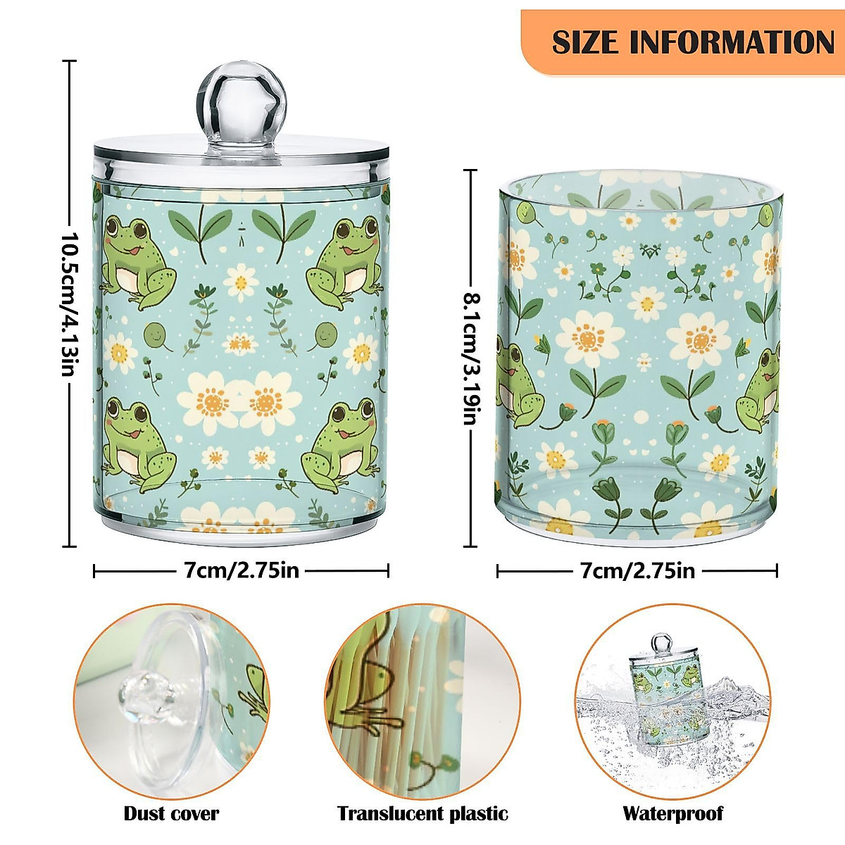 GOODOLD Cute Kawaii Frogs Qtip Holder 2 Pack - 10 Oz Clear Plastic Apothecary Jar Set for Bathroom Organization - Versatile Canister Storage for Cotton Balls, Swabs, Rounds