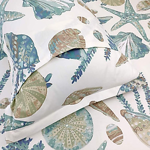 Usning Beachy Duvet Covers Queen Size, 100% Cotton Soft Coastal Bedding 3 Pieces, Starfish and Sealife Bedding Set Design with Zipper Closure and Corner Ties, Queen Size, Seashell Pattern
