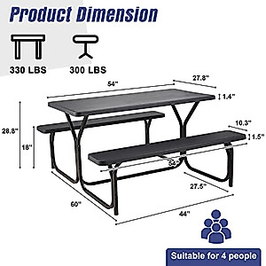 Haddockway Picnic Table Bench Set Patio Camping Table with All Weather Metal Base and Plastic Table Top Outdoor Dining Garden Deck Furniture for Adult Black